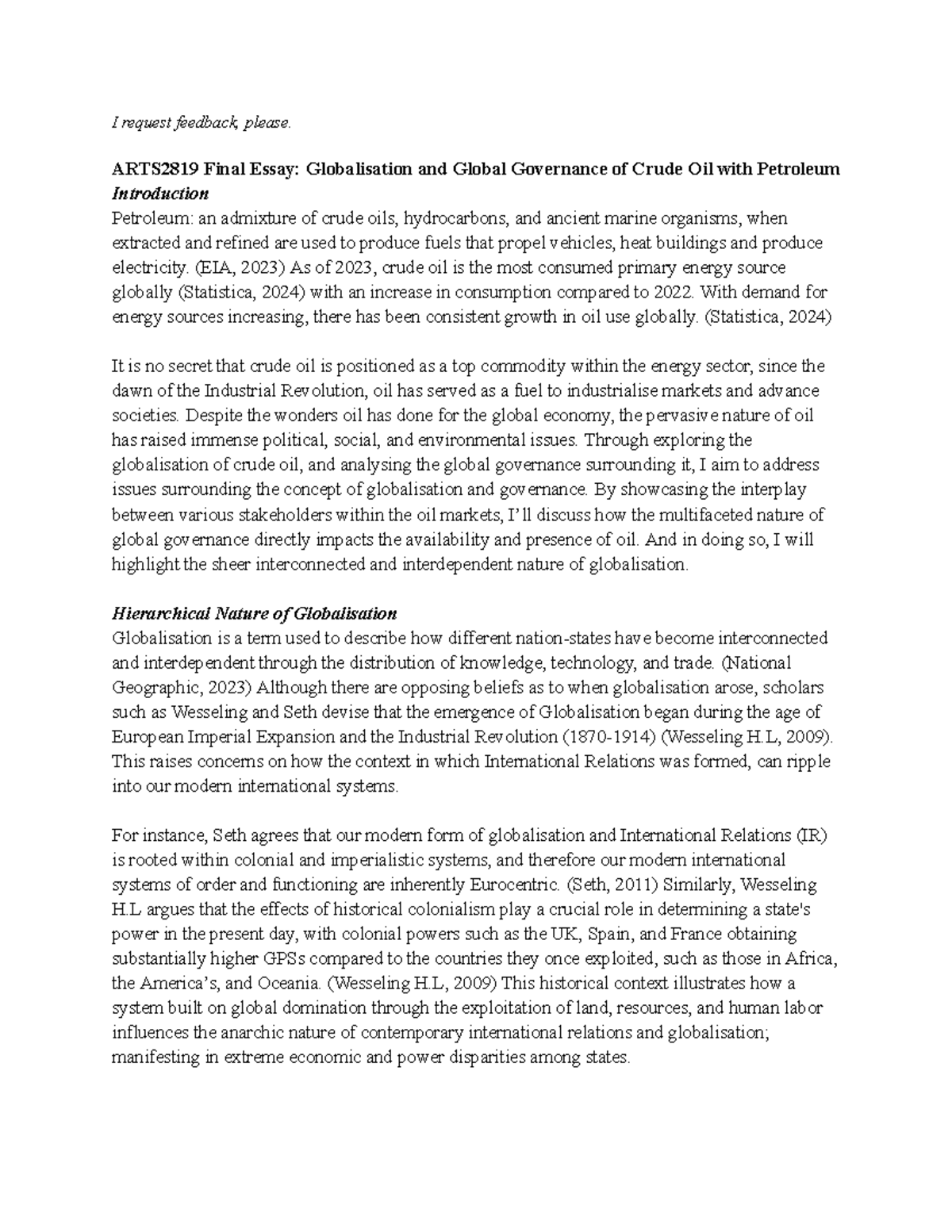 ARTS2819 Final Essay: Globalisation and Governance of Crude Oil - Studocu