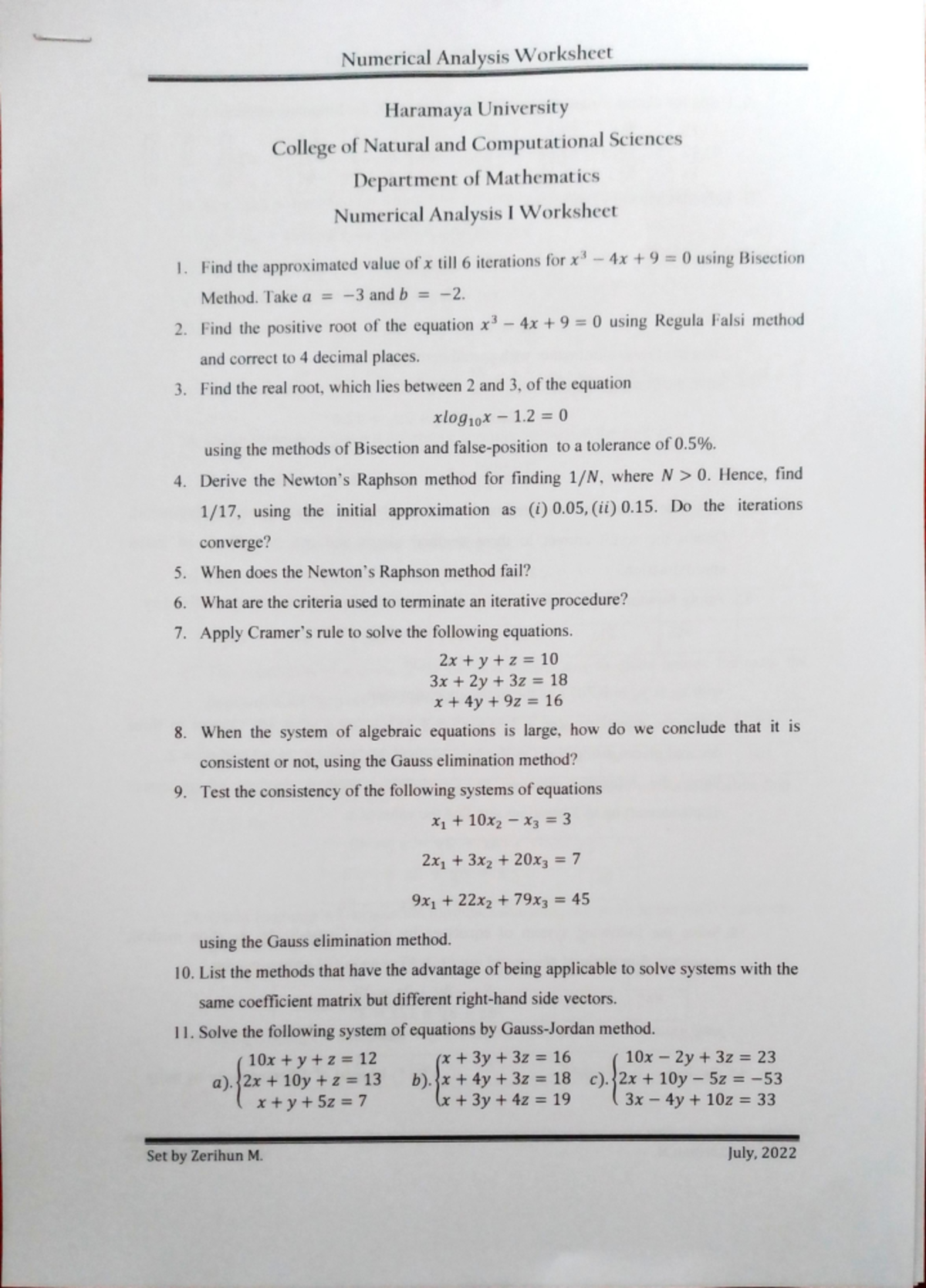 Numerical Analysis Worksheet - Computer Science - Studocu