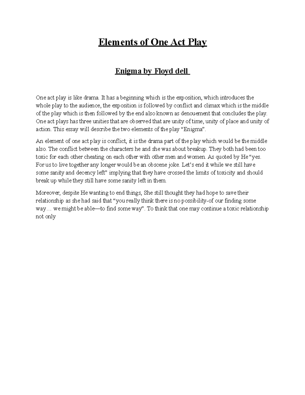 Elements of One Act Play: Analyzing "Enigma" Essay - Studocu