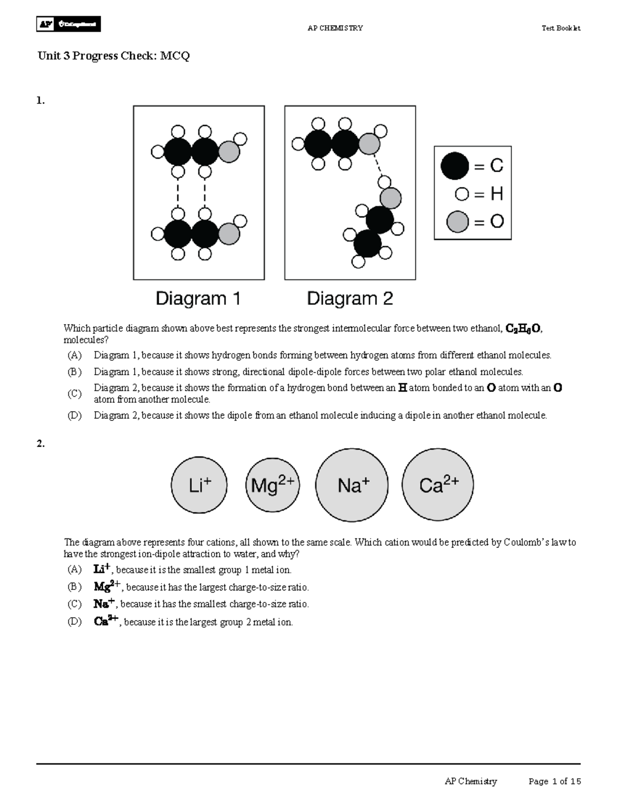 AP CHEMISTRY Unit 3 Progress Check: Multiple Choice Questions - Studocu