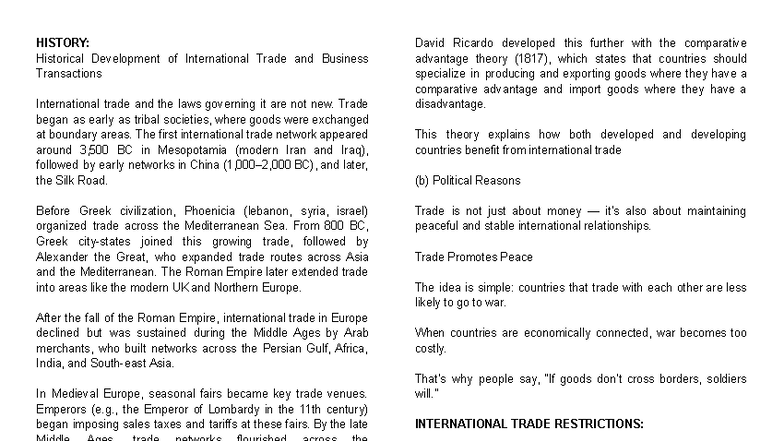 HISTORY: Development of International Trade & Business Transactions ...