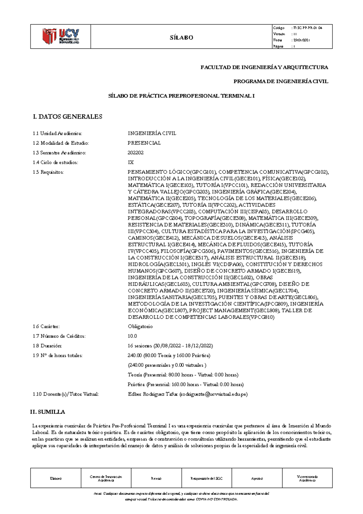 Sílabo de Práctica Preprofesional Terminal I - Ingeniería Civil 202202 ...