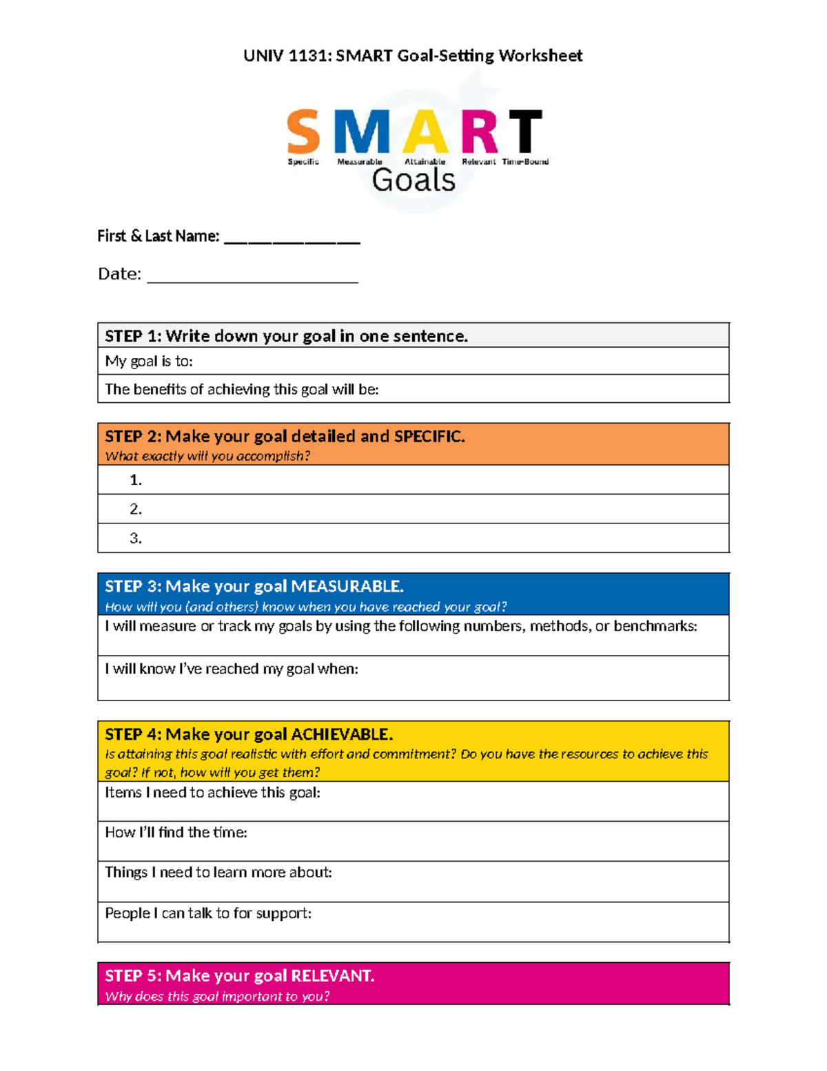 UNIV 1131: SMART Goal Setting Worksheet Guide - Studocu