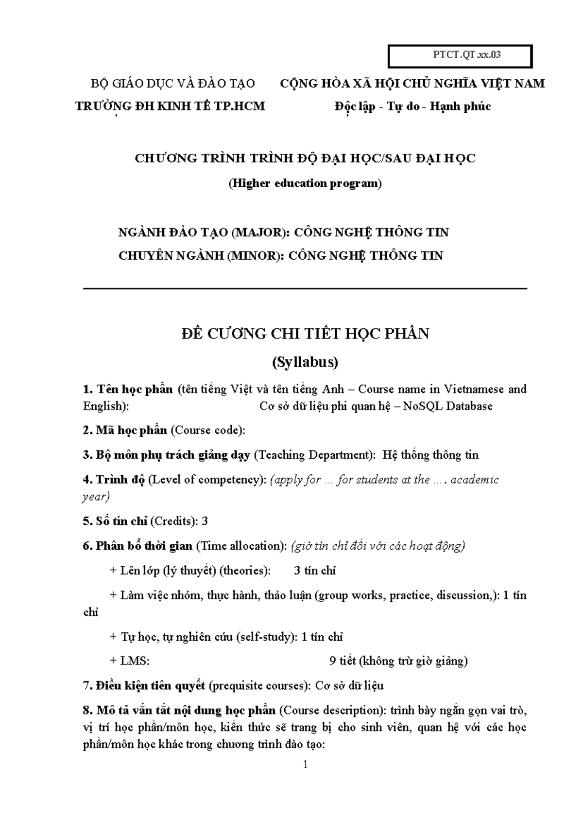 PTCT.QT.xx.03 Syllabus for NoSQL Database Course (Cơ sở dữ liệu phi ...