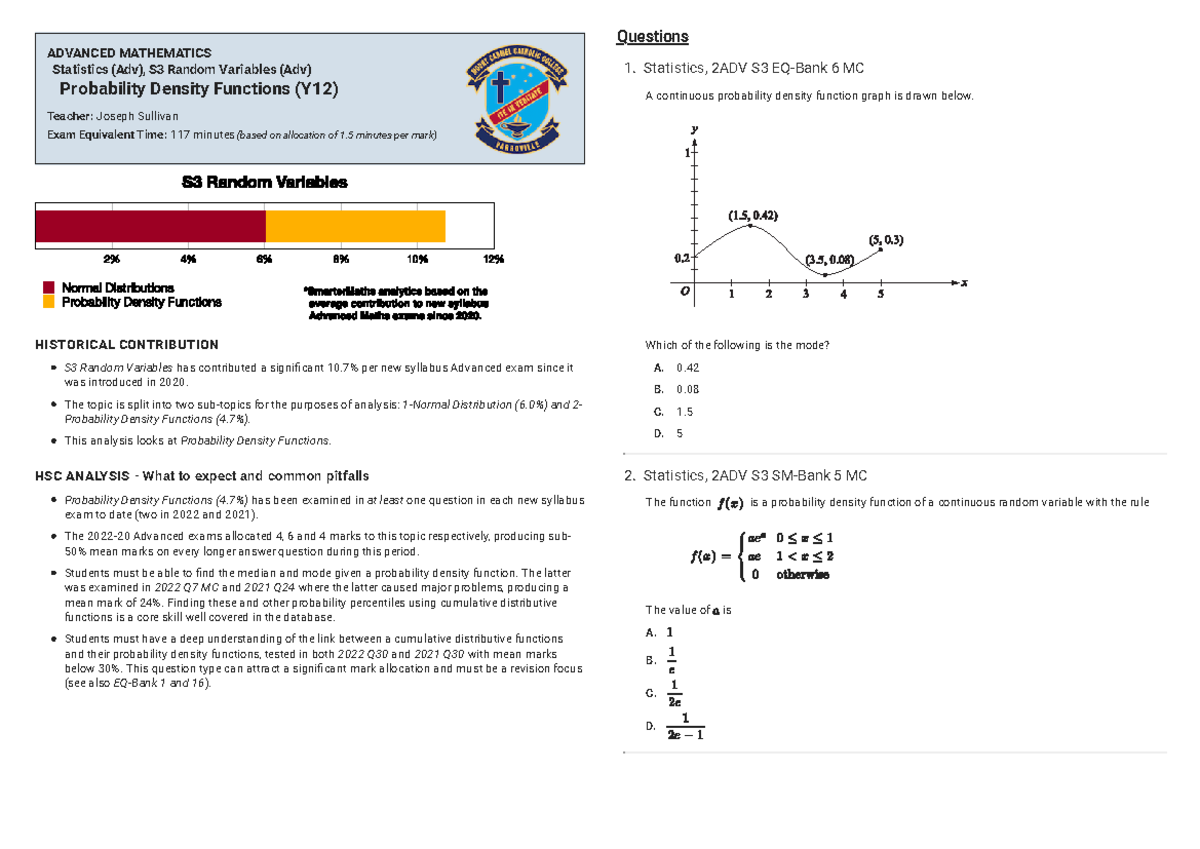 Probability Density Functions & Questions - Adv Math 2ADV S3 - Studocu