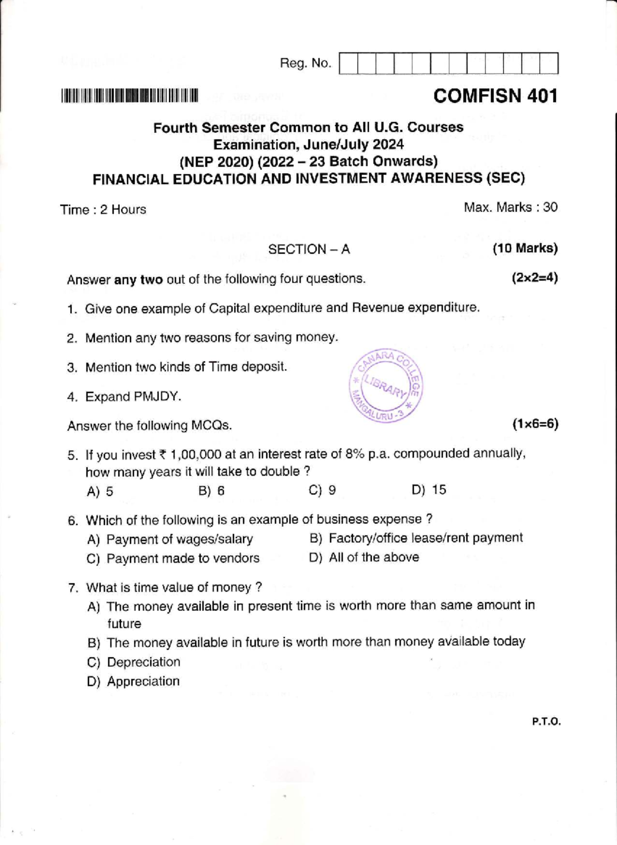 NEP 2020 IV Sem FIN 401 Financial Education & Investment Awareness Exam ...