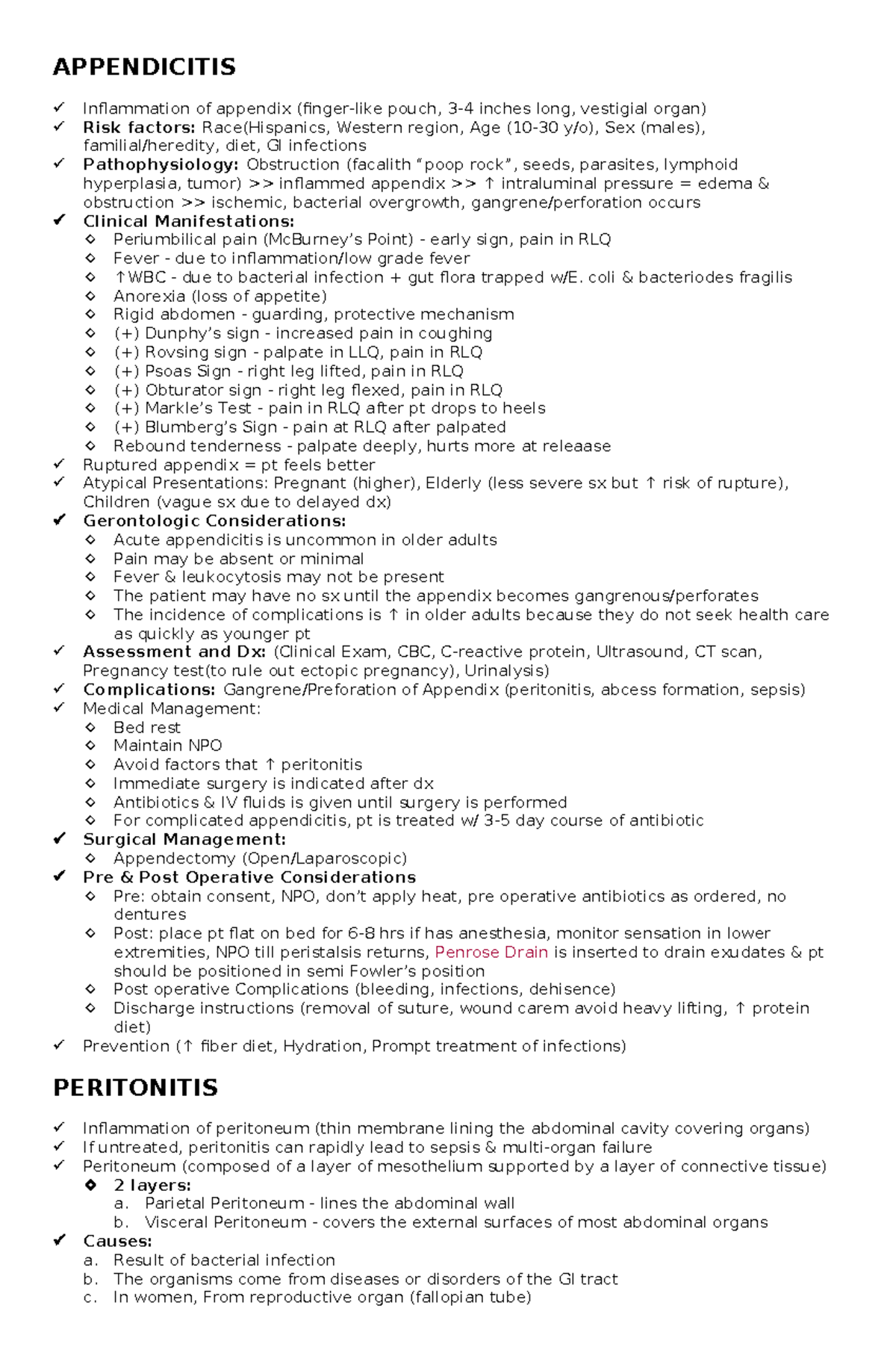 Appendicitis and Peritonitis: Clinical Overview and Management - Studocu