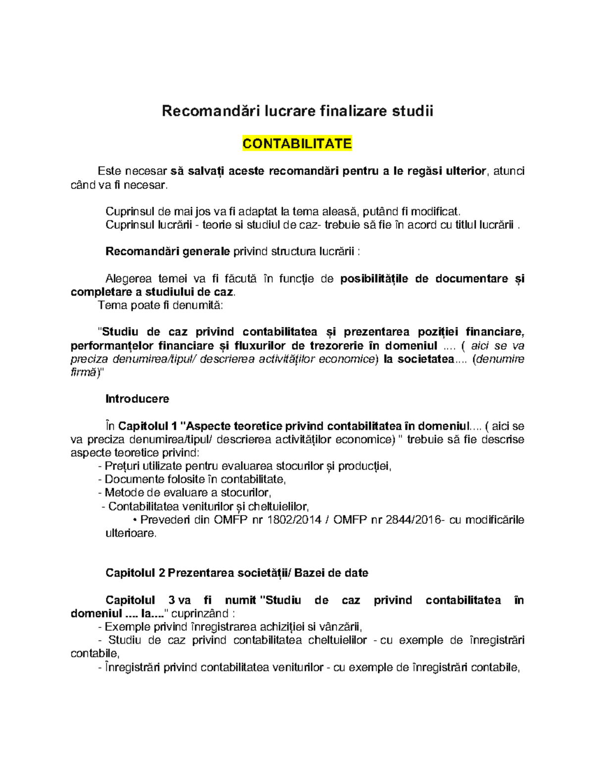 Recomandări pentru Lucrarea Finalizare Studii - Contabilitate - Studocu