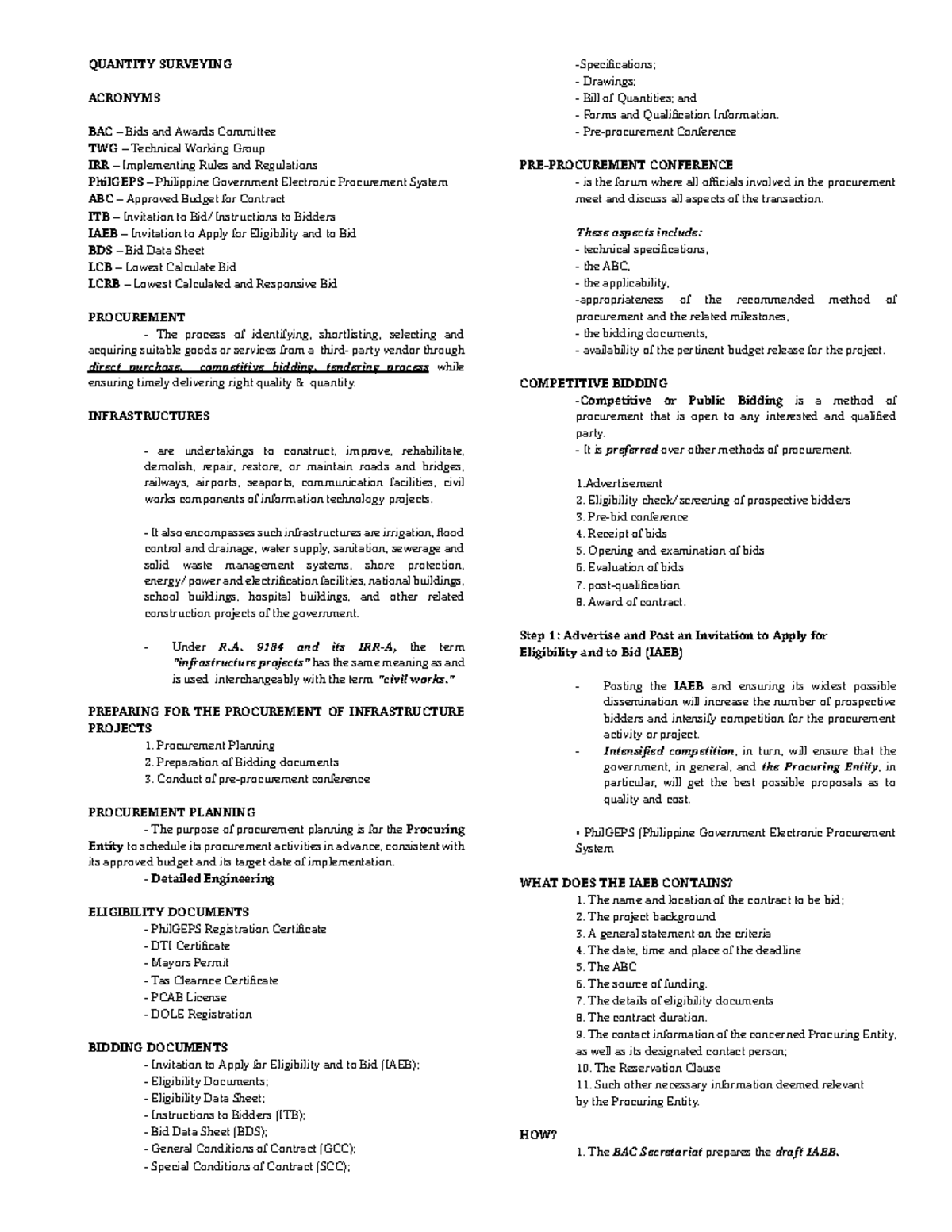 QS Reviewer - quality surveying - QUANTITY SURVEYING ACRONYMS BAC ...