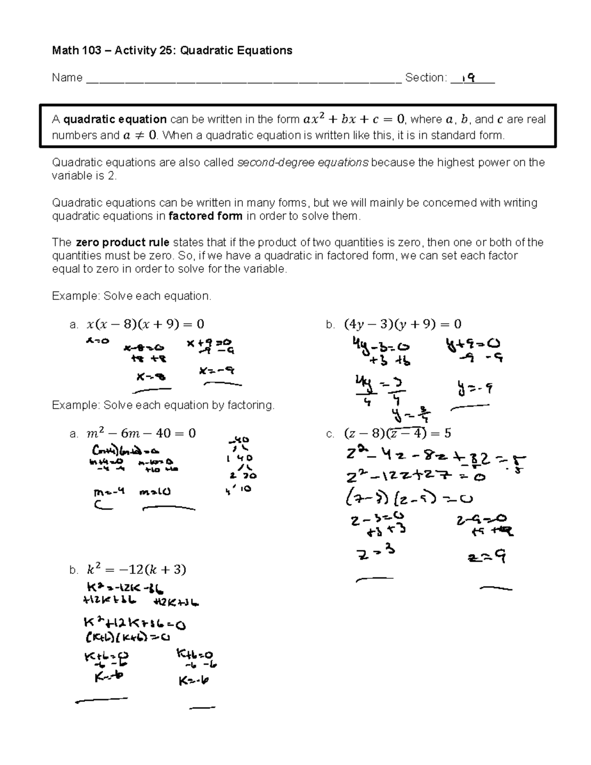 Math 103 - Activity 25: Solving Quadratic Equations and Errors - Studocu