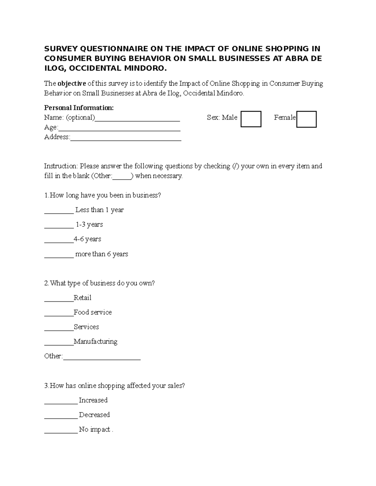 Survey Questionnaire on the Impact of Online Shopping on Consumer ...