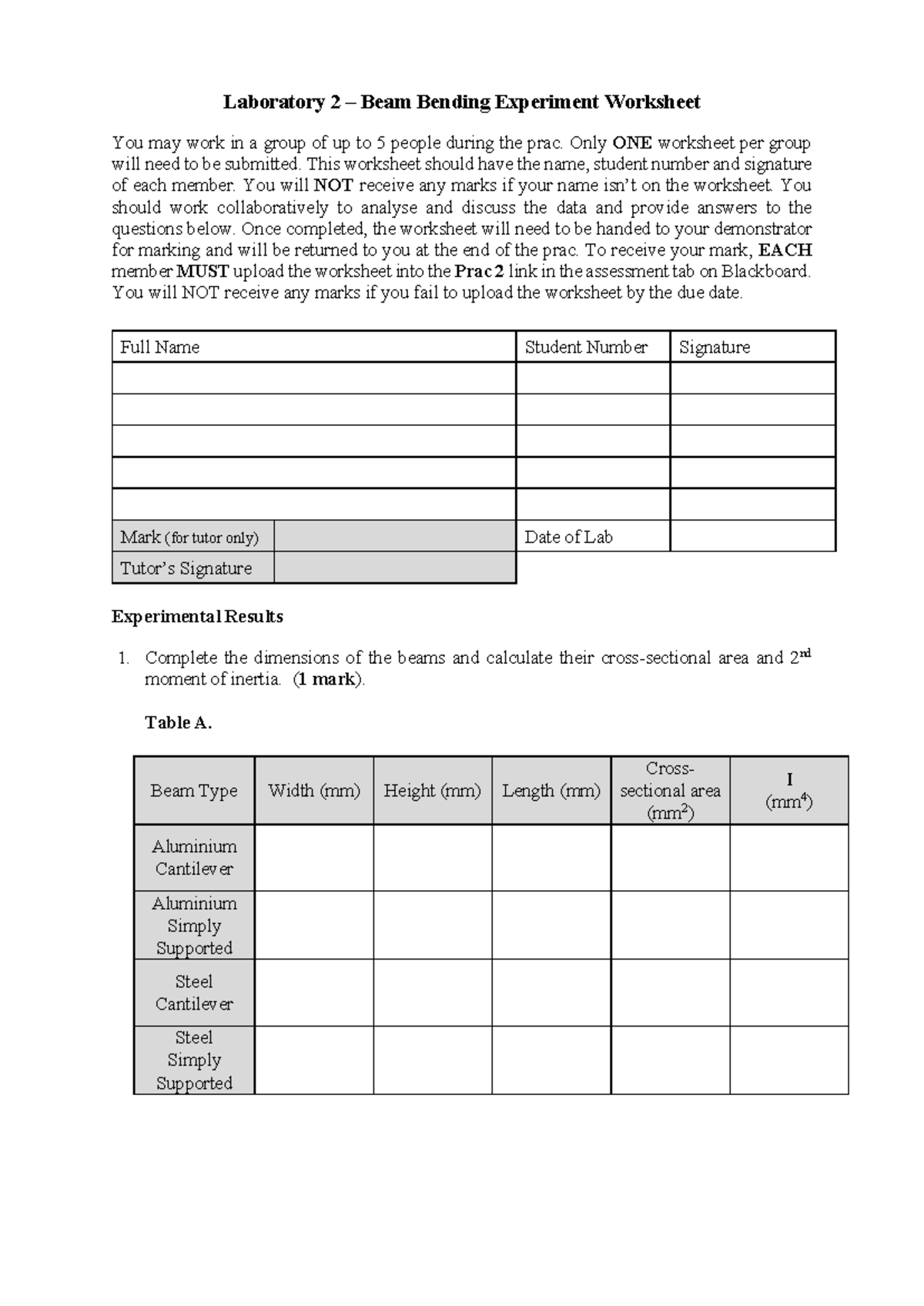 EGB121 Laboratory 2 Beam Bending Experiment Worksheet - Studocu
