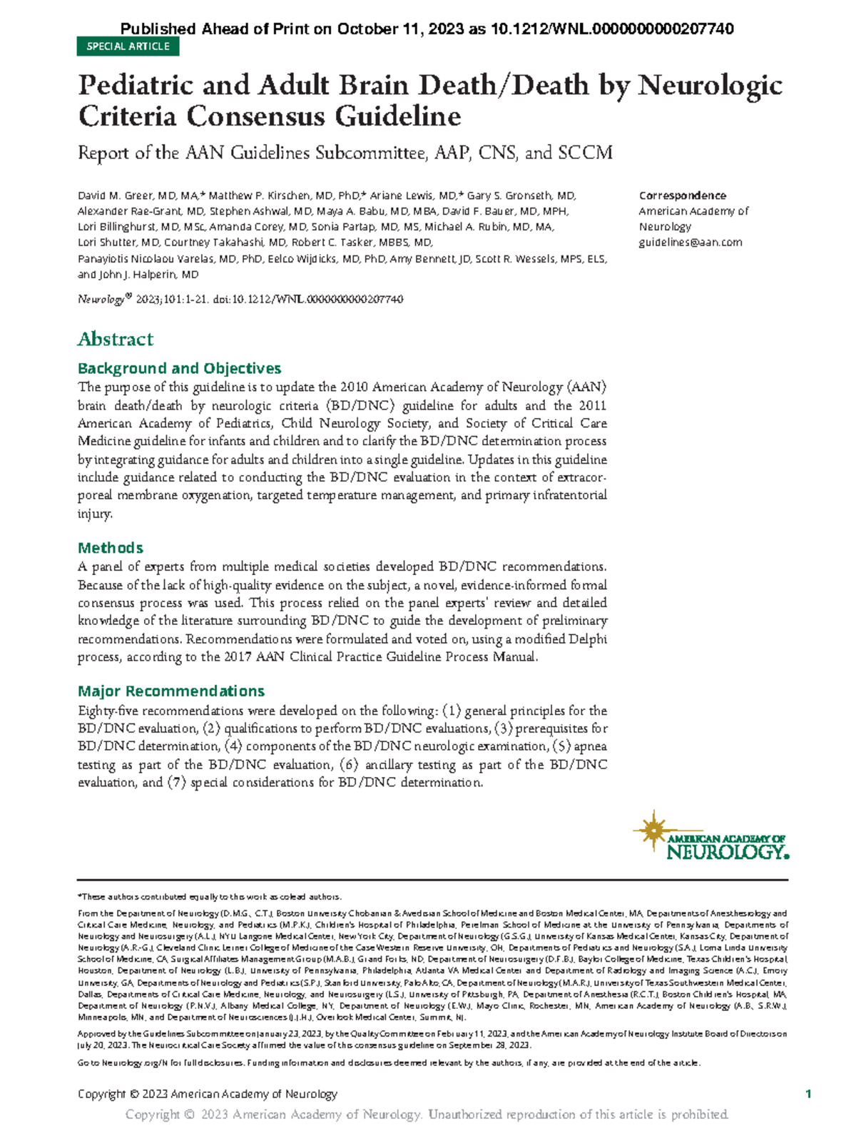 Aan brain death guidelines - SPECIAL ARTICLE Pediatric and Adult Brain ...