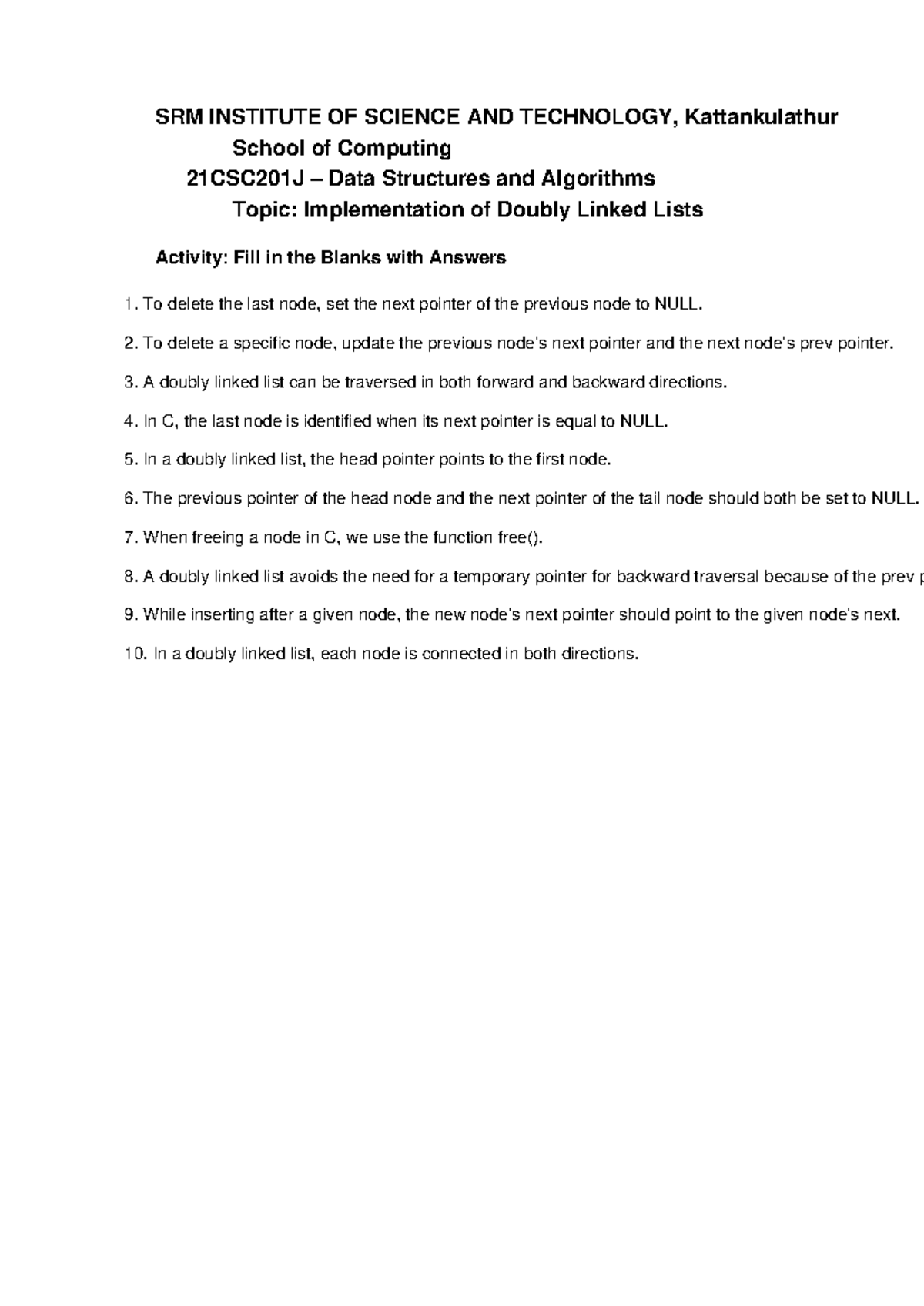 21CSC201J Data Structures: Doubly Linked Lists Fill-in-the-Blanks - Studocu