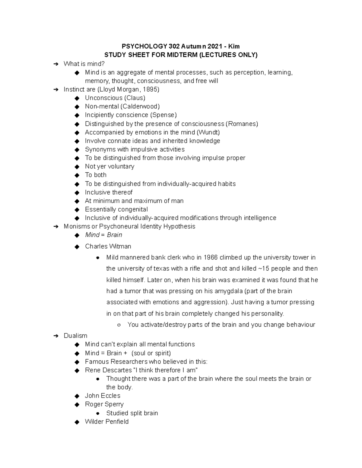 PSYCHOLOGY 302: Midterm Study Guide for Lecture Topics - Studocu