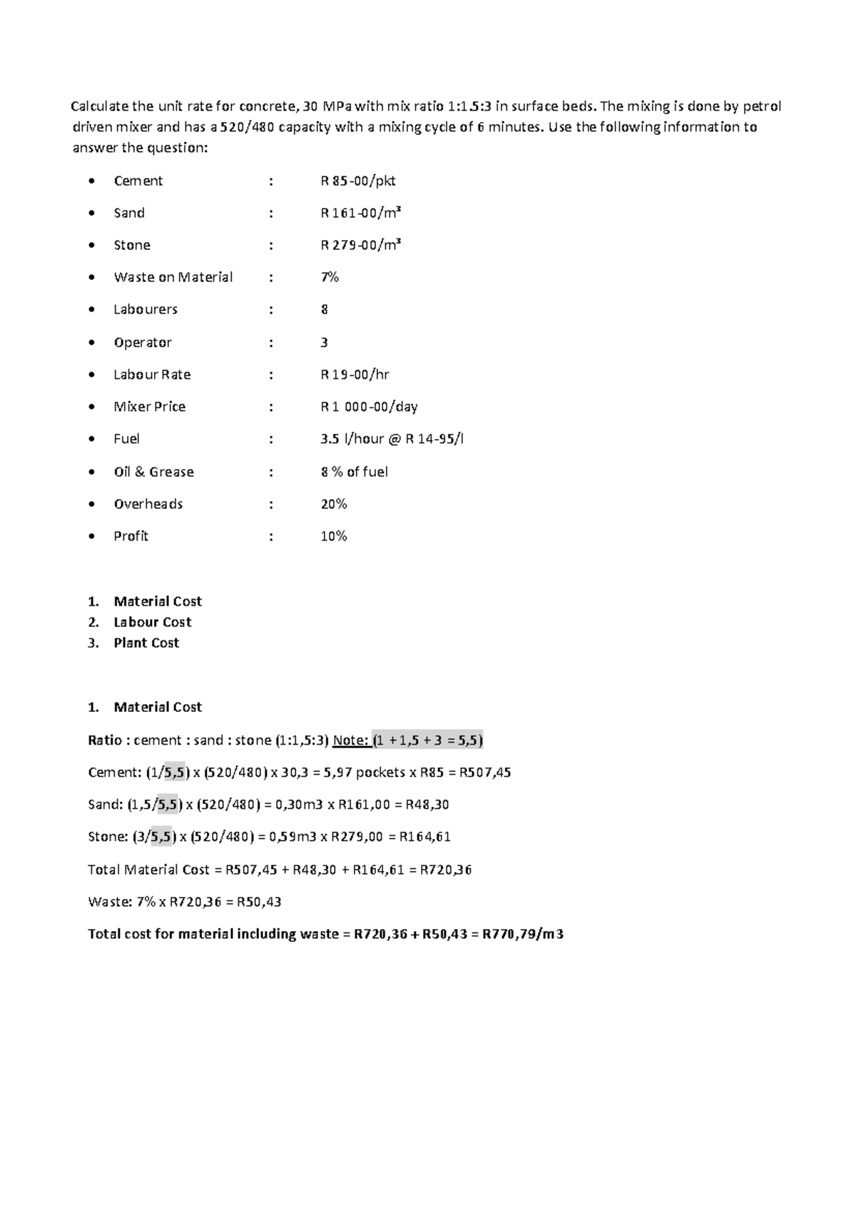 Concrete Cost Calculation for 30 MPa Mix Ratio 1:1.5:3 - Studocu