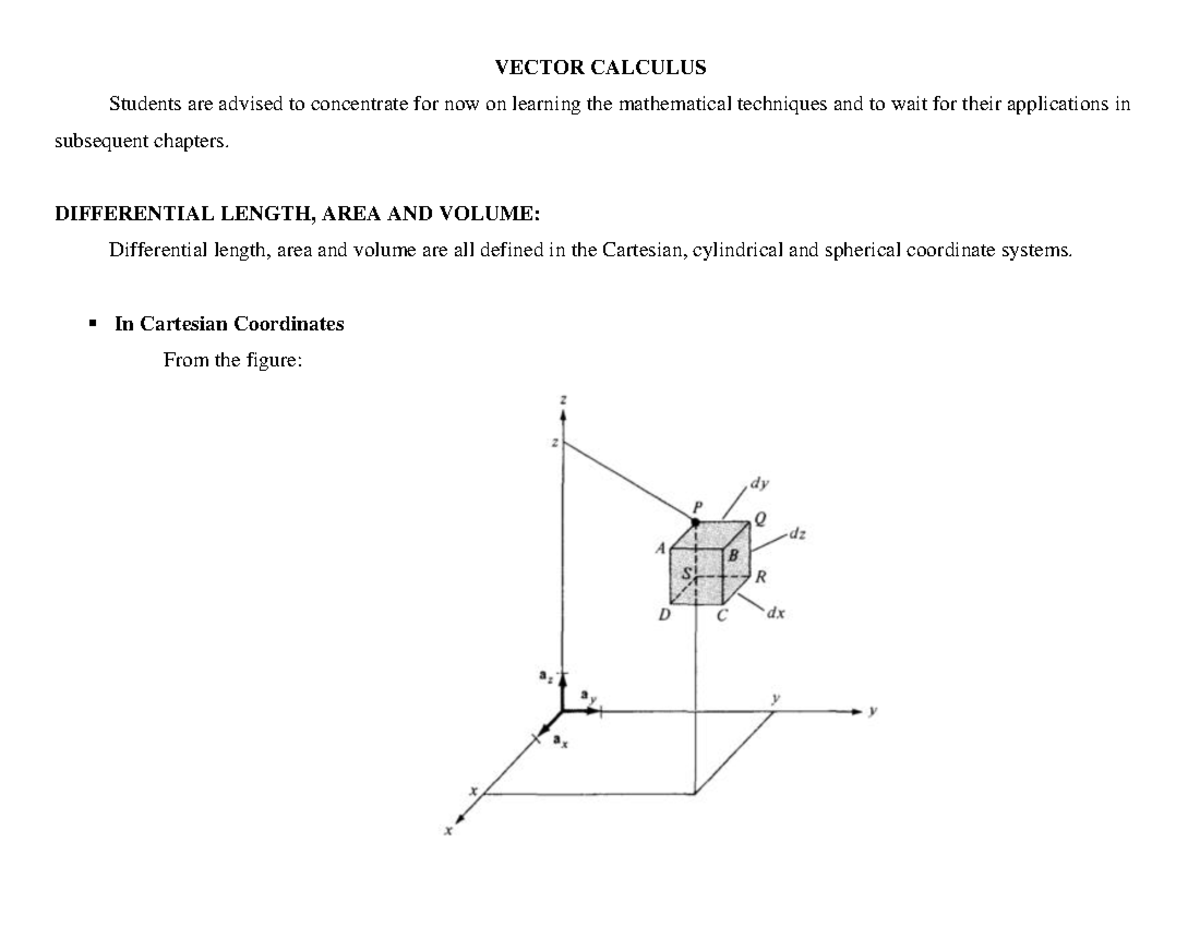 Differential Length, Area & Volume - VECTOR CALCULUS Students are advised to concentrate for now ...