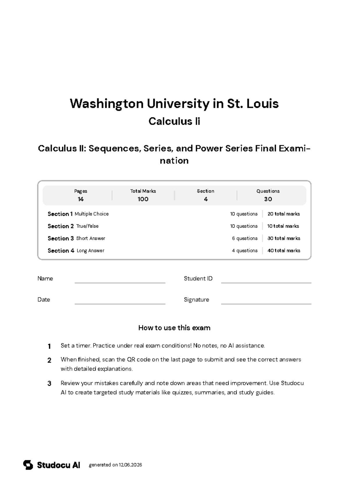 Calculus II Final Exam: Sequences and Series - Studocu