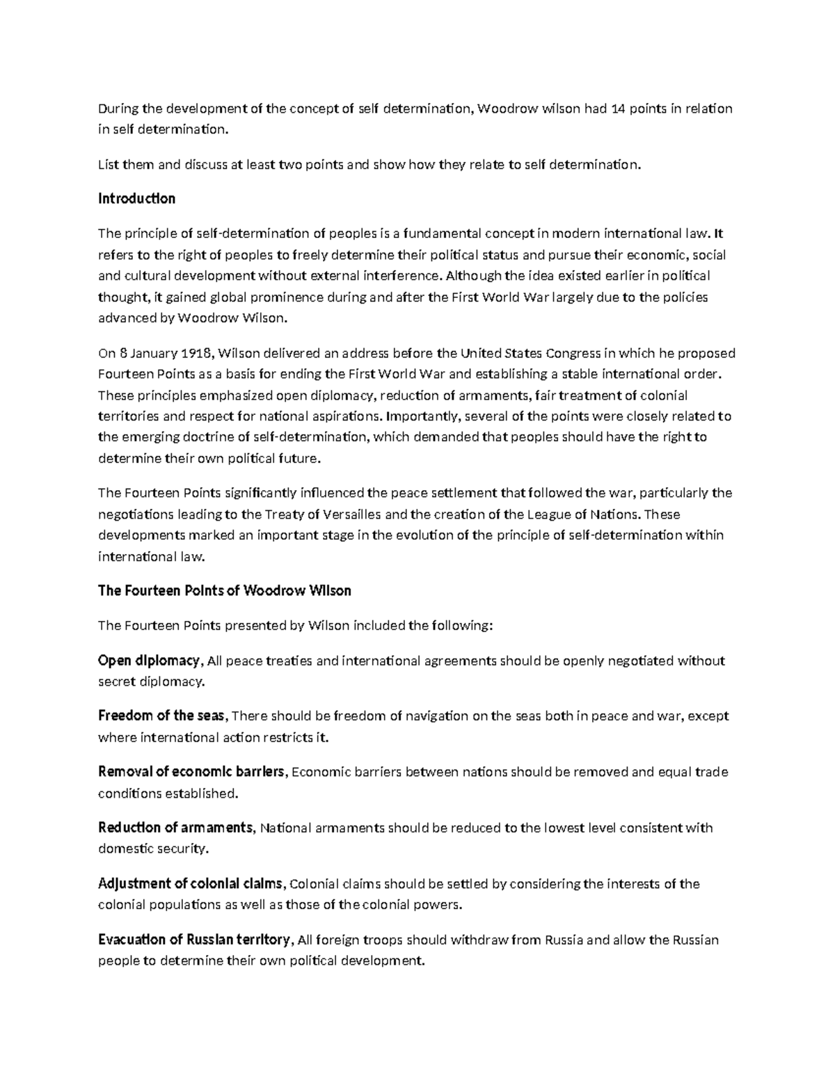 14 Points of Woodrow Wilson: Self-Determination Analysis - Studocu