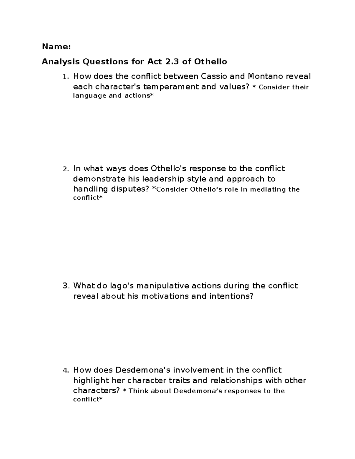 U6L7 Worksheet 4 - Name: Analysis Questions for Act 2 of Othello 1. How ...