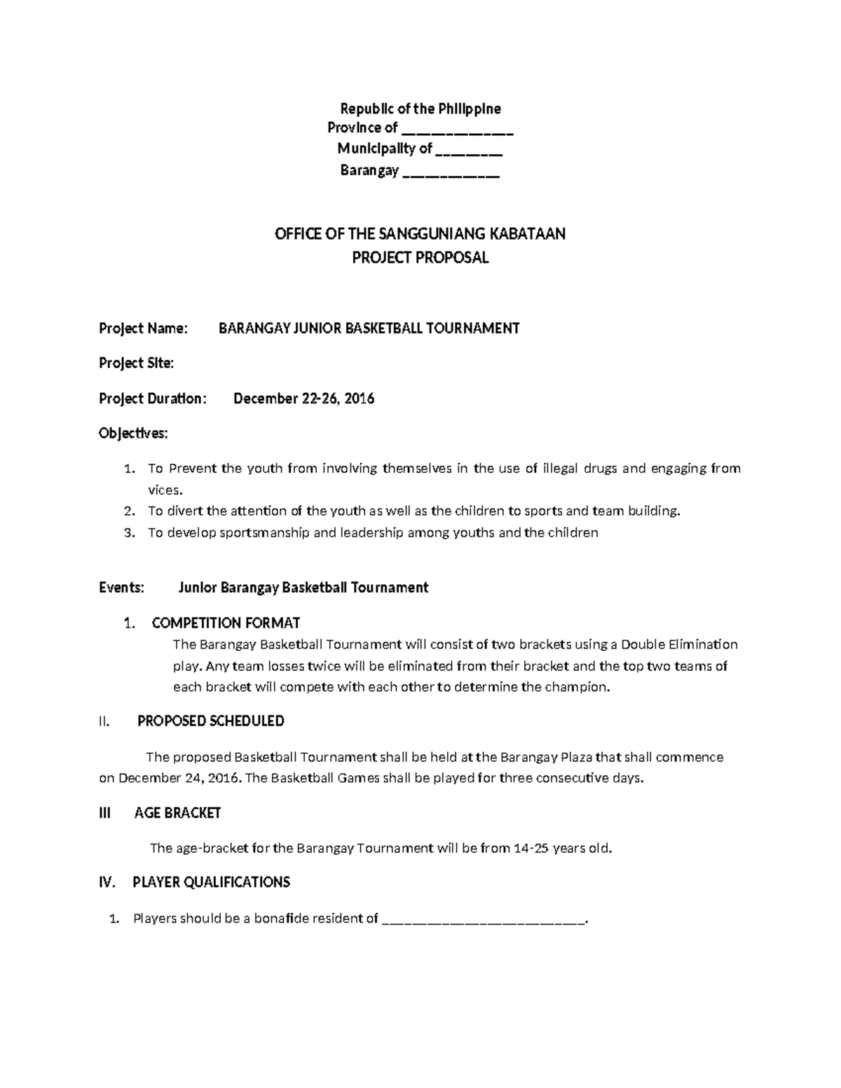 SK Project Proposal: Junior Basketball Tournament in Barangay - Studocu