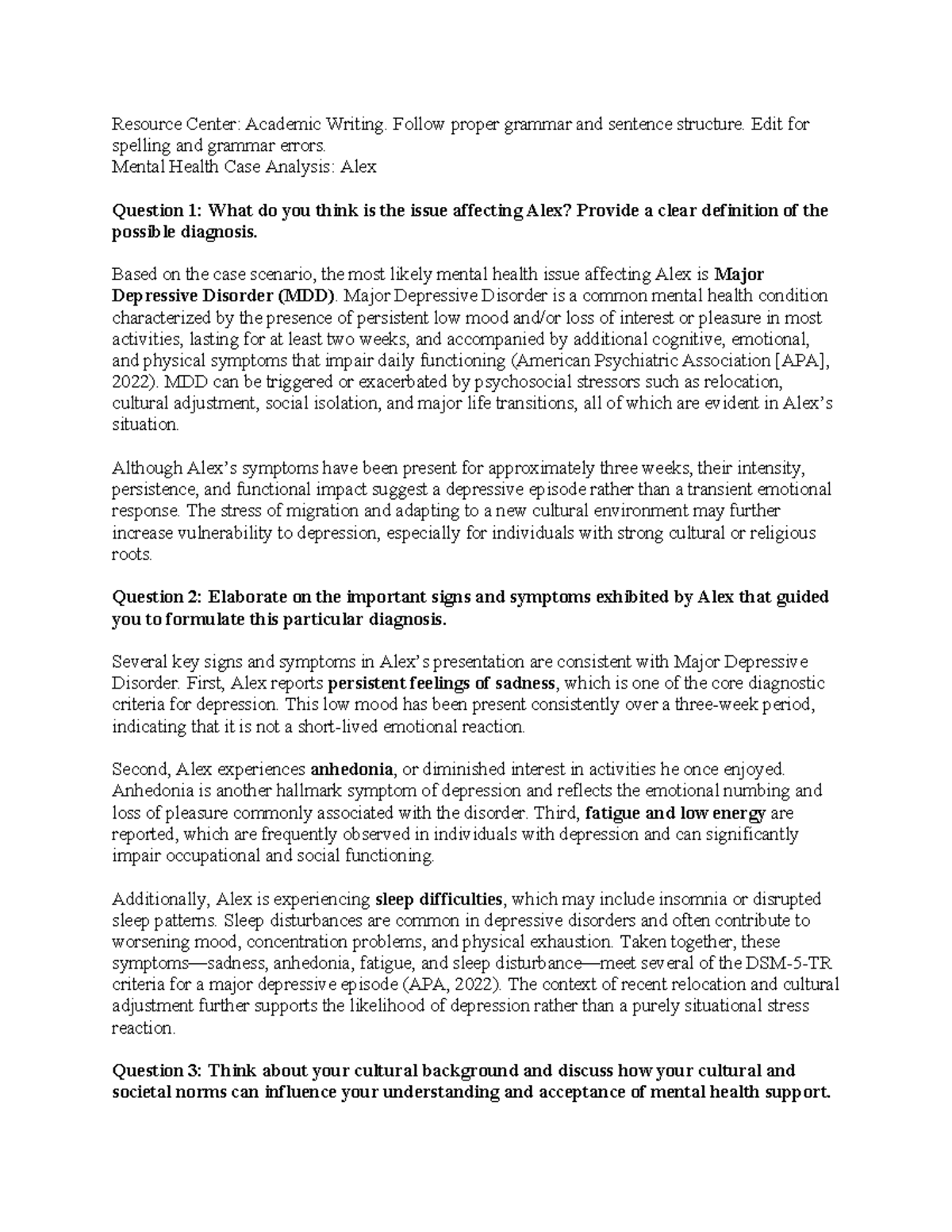 HS 4241: Mental Health Case Analysis - Major Depressive Disorder - Studocu
