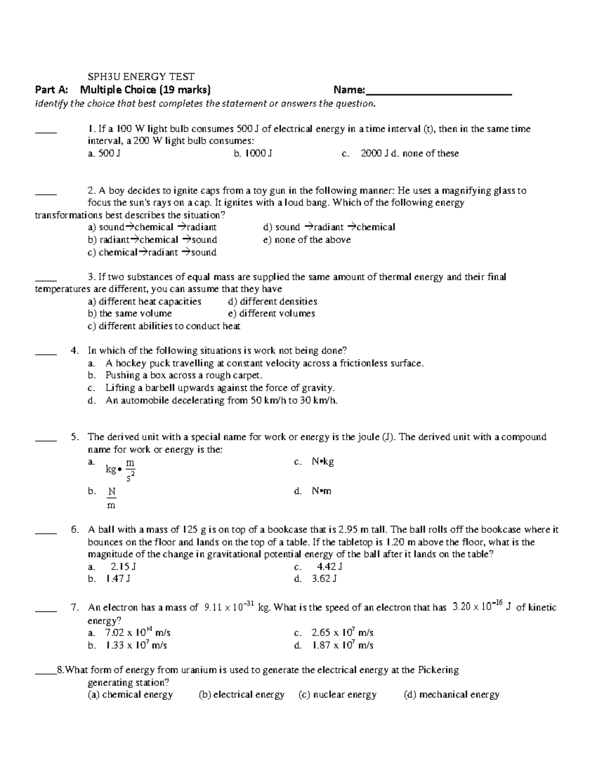 SPH3U Unit 3 Energy Test - Multiple Choice & Communication Questions ...