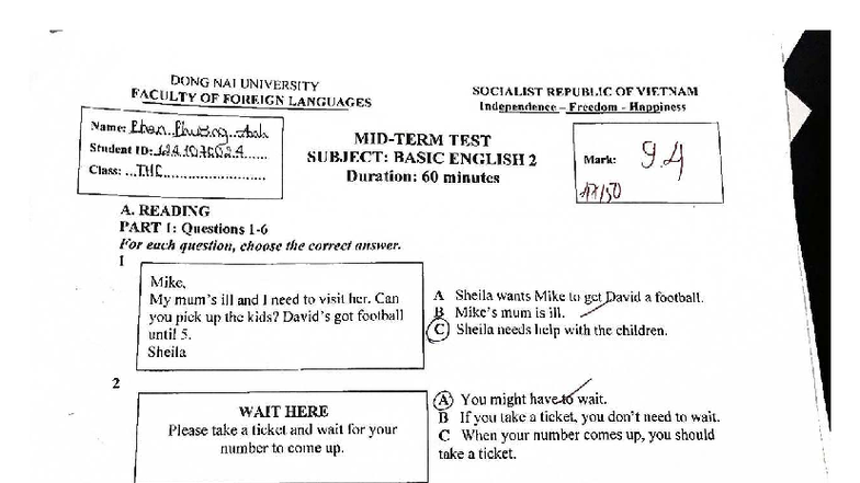 BASIC ENGLISH 2 (THC) TEST - Reading & Grammar Practice - Studocu