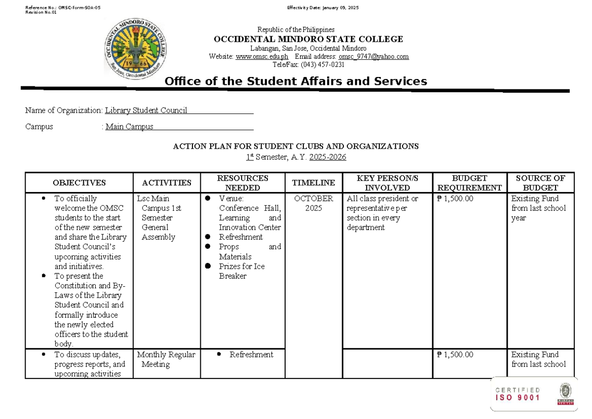 Action Plan for Library Student Council Activities - 1st Sem A.Y. 2025 ...