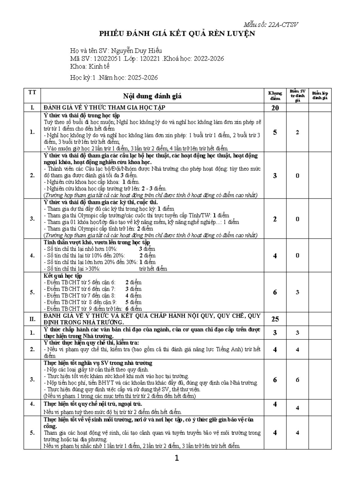 Mẫu 22A: Phiếu Đánh Giá Kết Quả Rèn Luyện Cá Nhân - Studocu