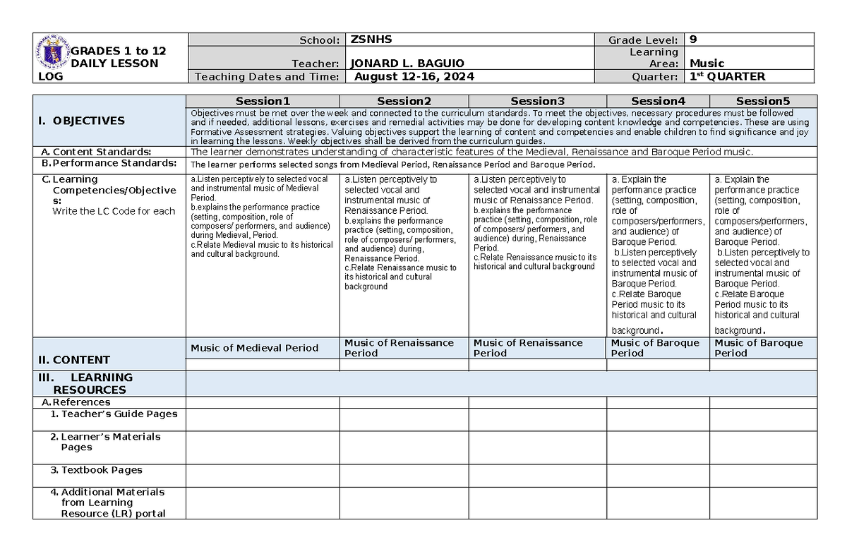 G9 Music Lesson Plan: Medieval, Renaissance & Baroque Periods (Q1 ...