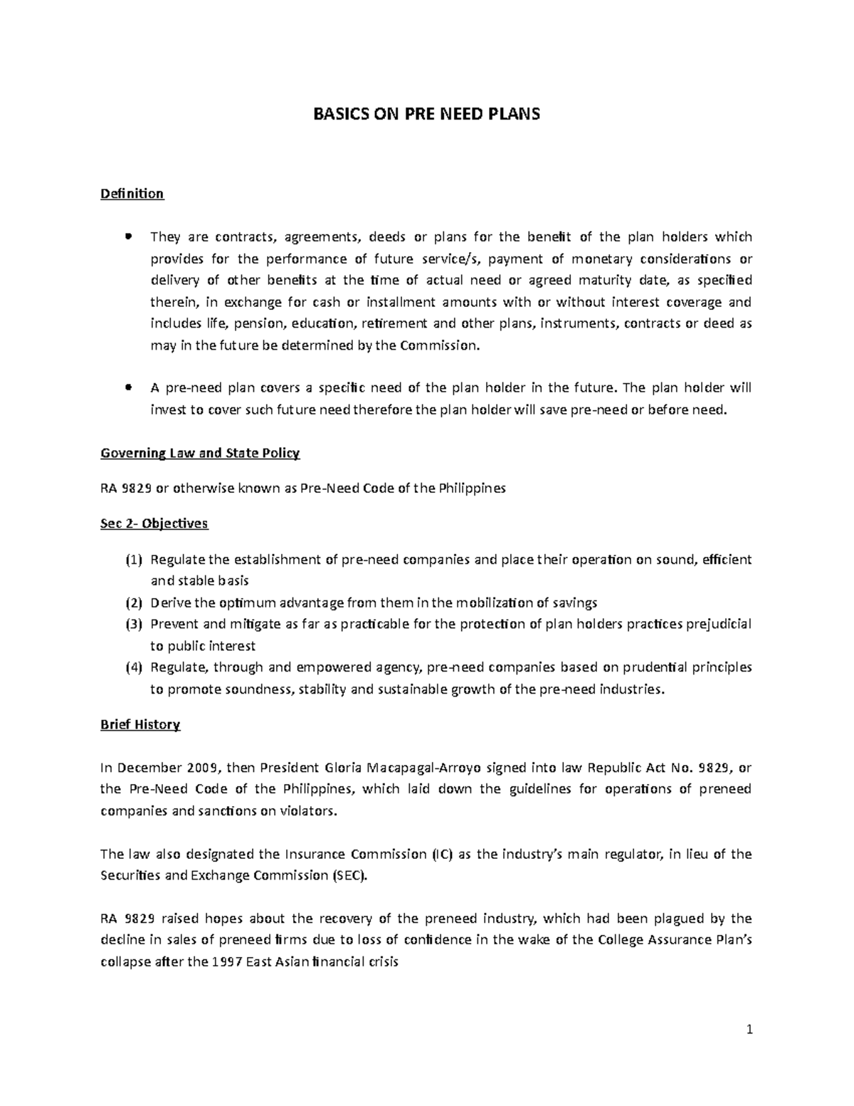 Basics of Pre-Need Plans: Contracts, Regulations, and Benefits - Studocu
