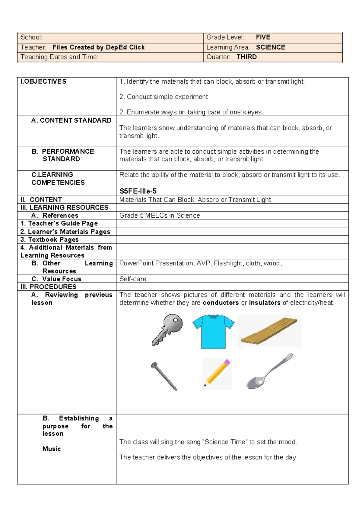 Lesson Plan for CO 1: Understanding Light - Grade 5 Science - Studocu