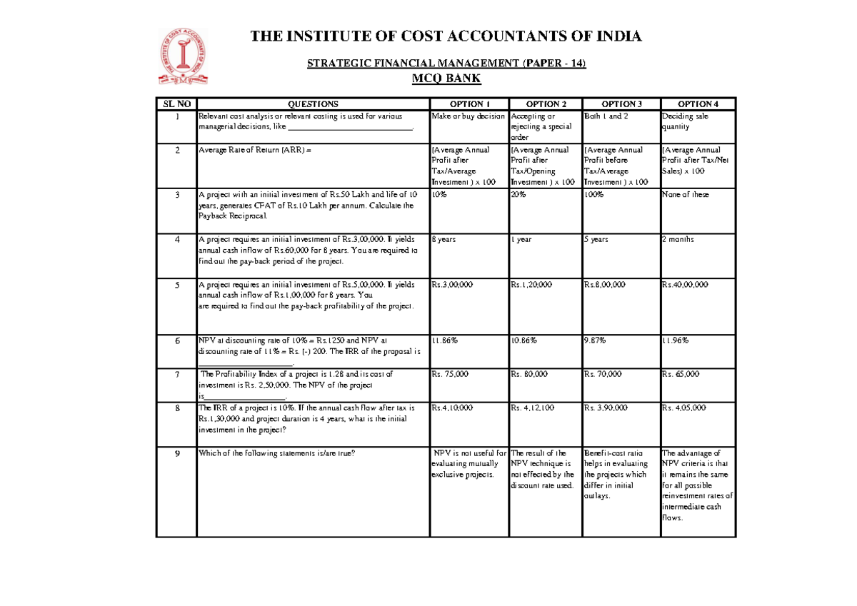 MCQ Bank for Strategic Financial Management (PAPER 14) - Studocu