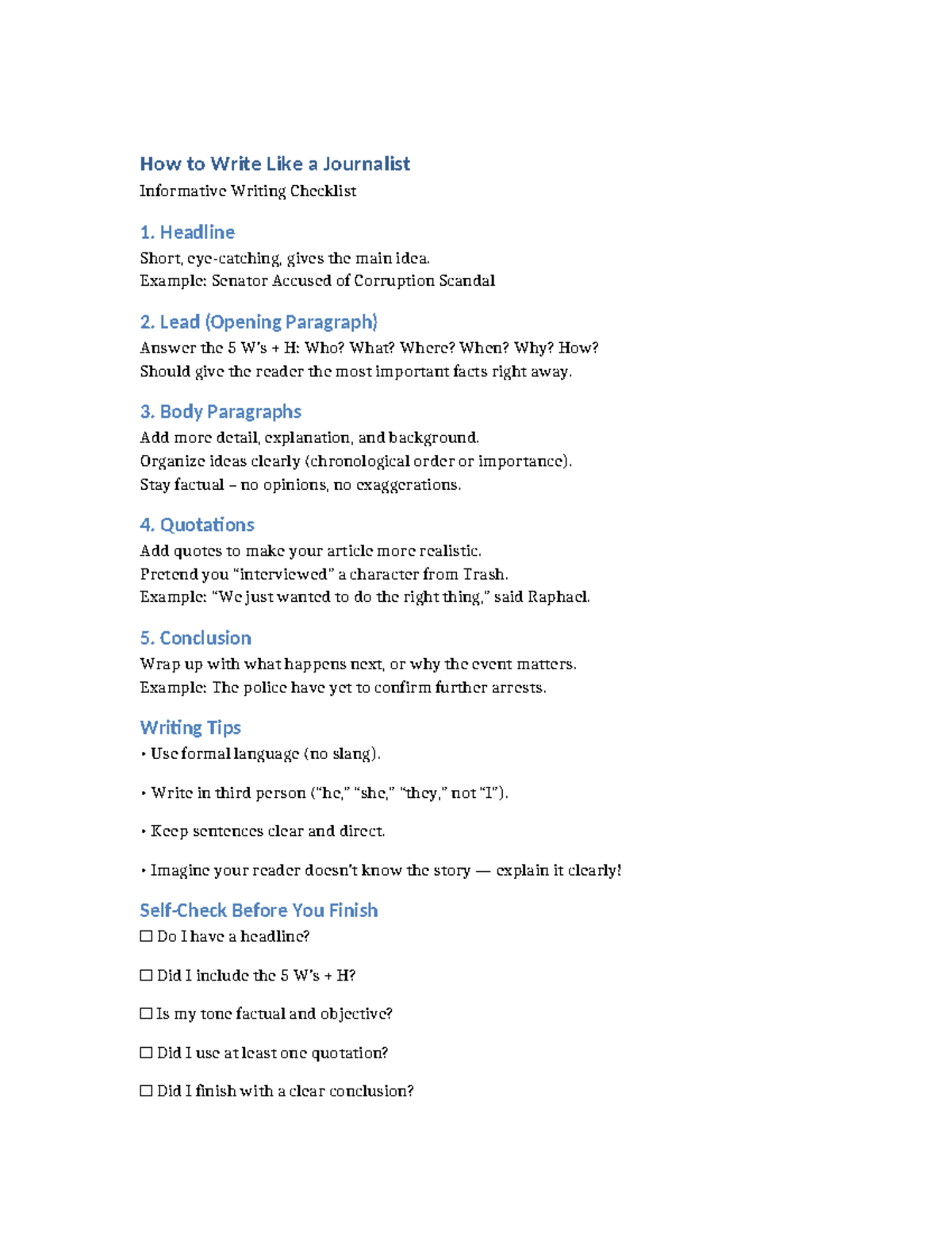 Informative Writing Checklist: Tips for Journalistic Style - Studocu