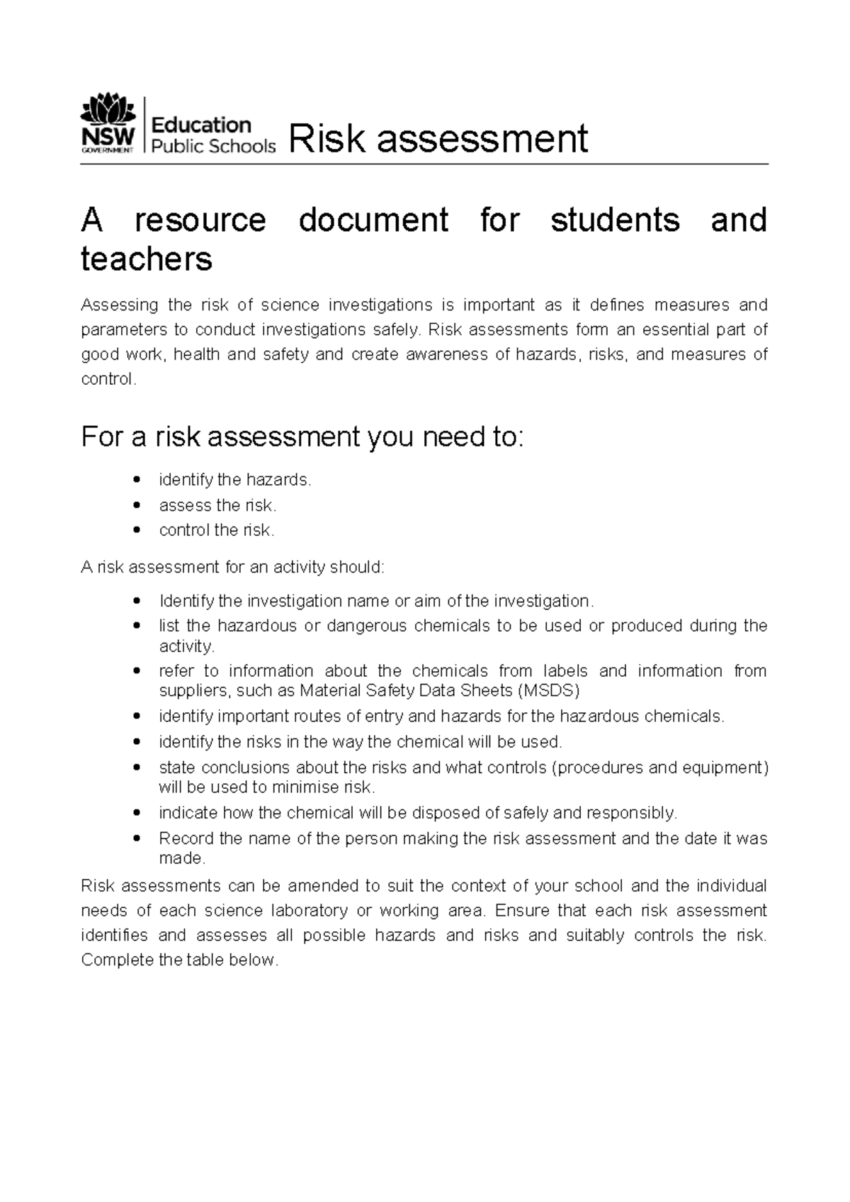RISK Assessment Guidelines for Safe Science Investigations - Studocu