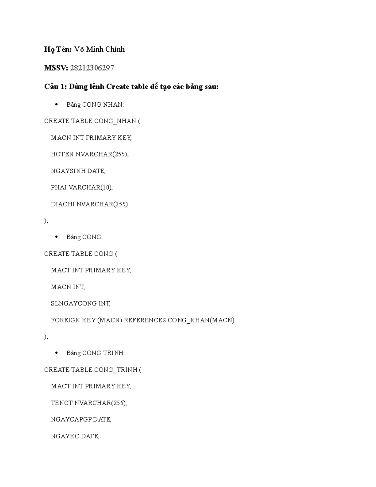 Bài Tập SQL: Tạo và Quản Lý Bảng Dữ Liệu Cong Nhân (MSSV: 28212306297 ...
