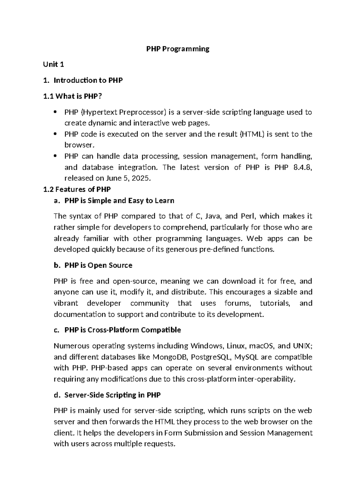 PHP Programming Unit 1: Introduction to PHP and Its Features - Studocu