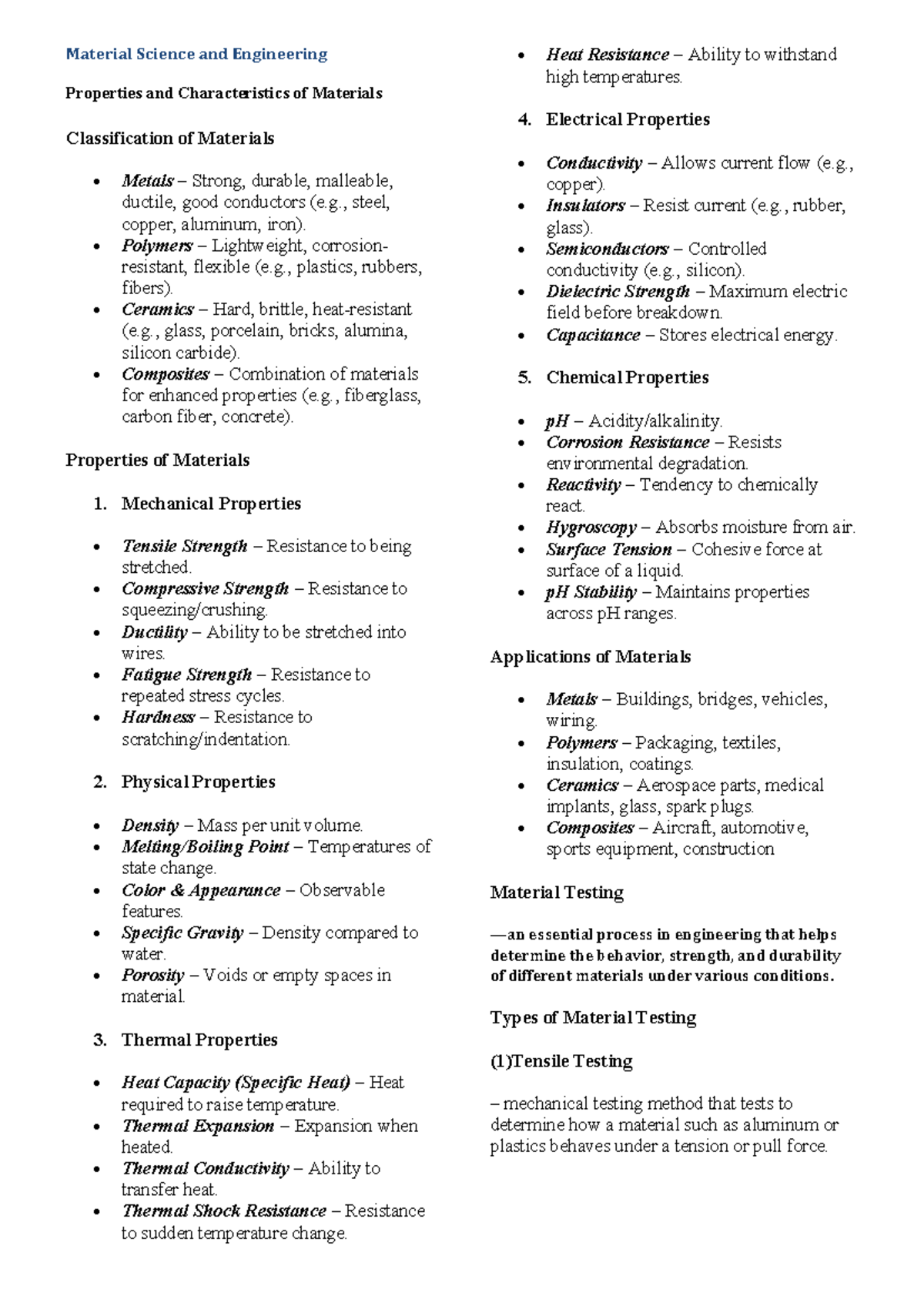 Materials Science and Engineering (MSE) Properties and Classification ...