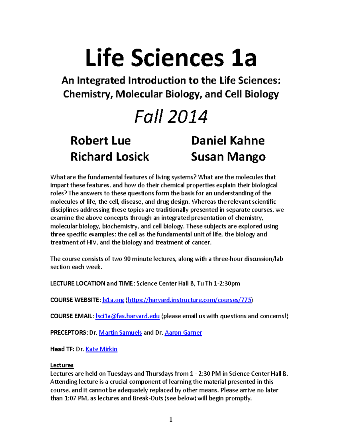LS1a Course Overview: Integrated Life Sciences Introduction (Fall 2014 ...