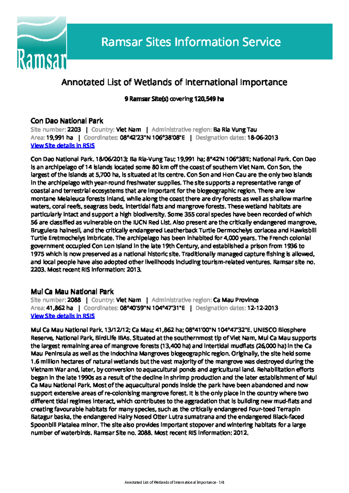 Ramsar Sites Annotated Summary: Wetlands of International Importance in ...