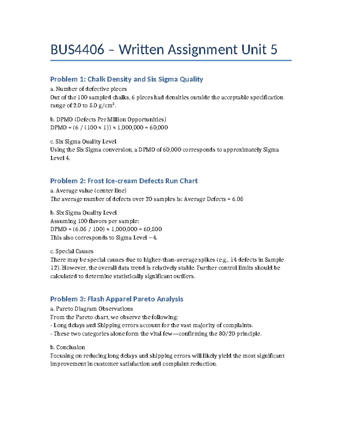 BUS4406 Written Assignment: Chalk Density & Six Sigma Analysis - Studocu