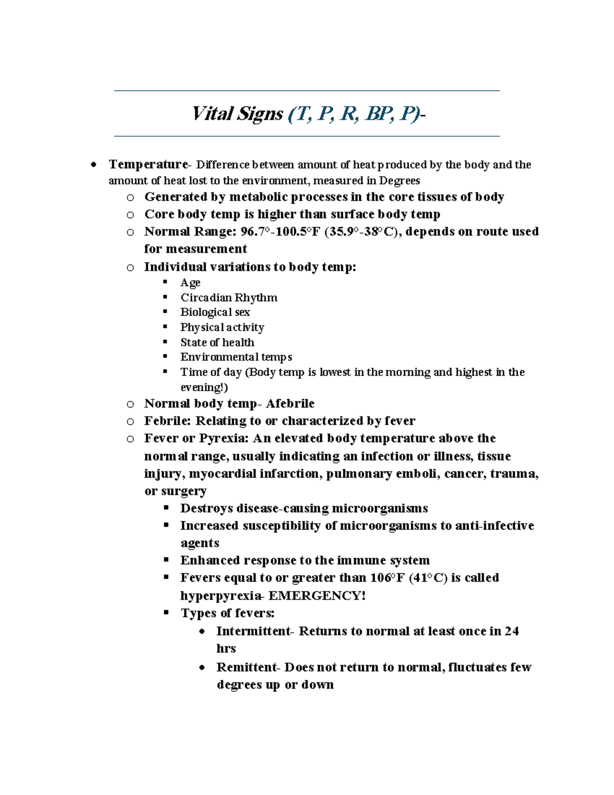 Exam guide- Vital Signs - Vital Signs (T, P, R, BP, P)- Temperature ...
