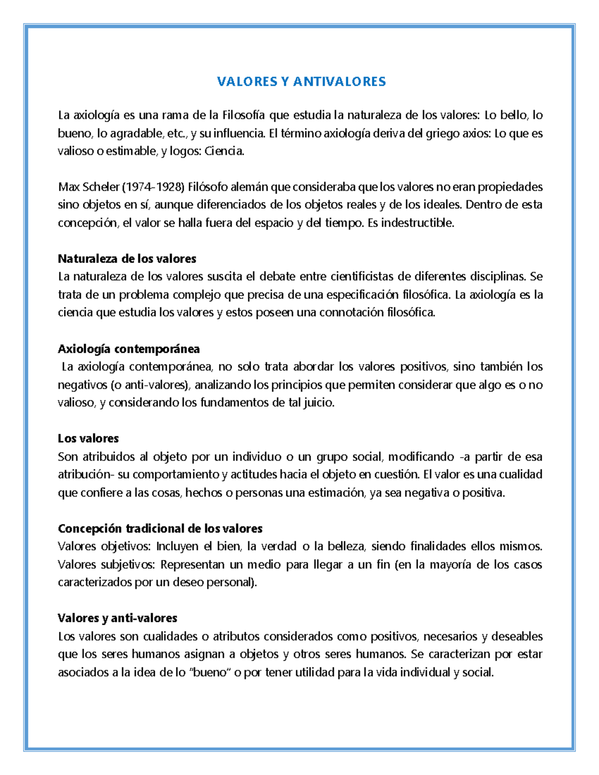 Axiología: Valores y Antivalores en Filosofía (FILO101) - Studocu