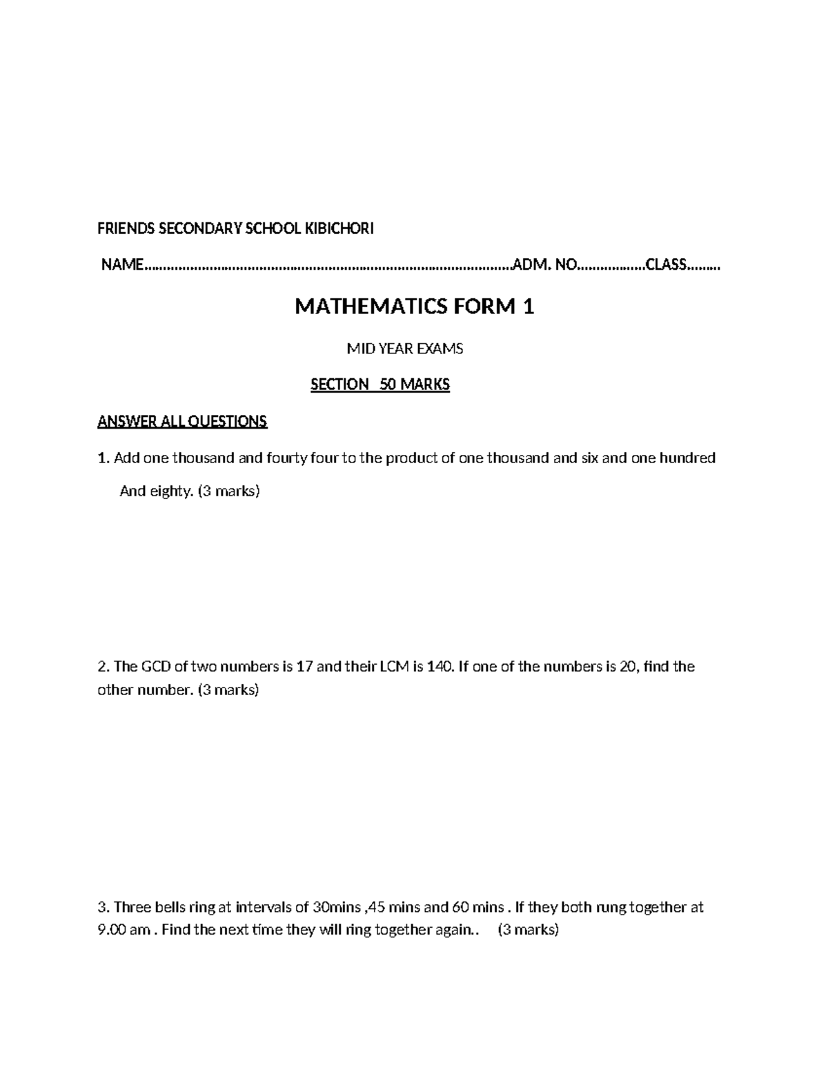 Maths FORM 1 Mid Year Exam QP 2023 - Friends Sec. School Kibichori ...