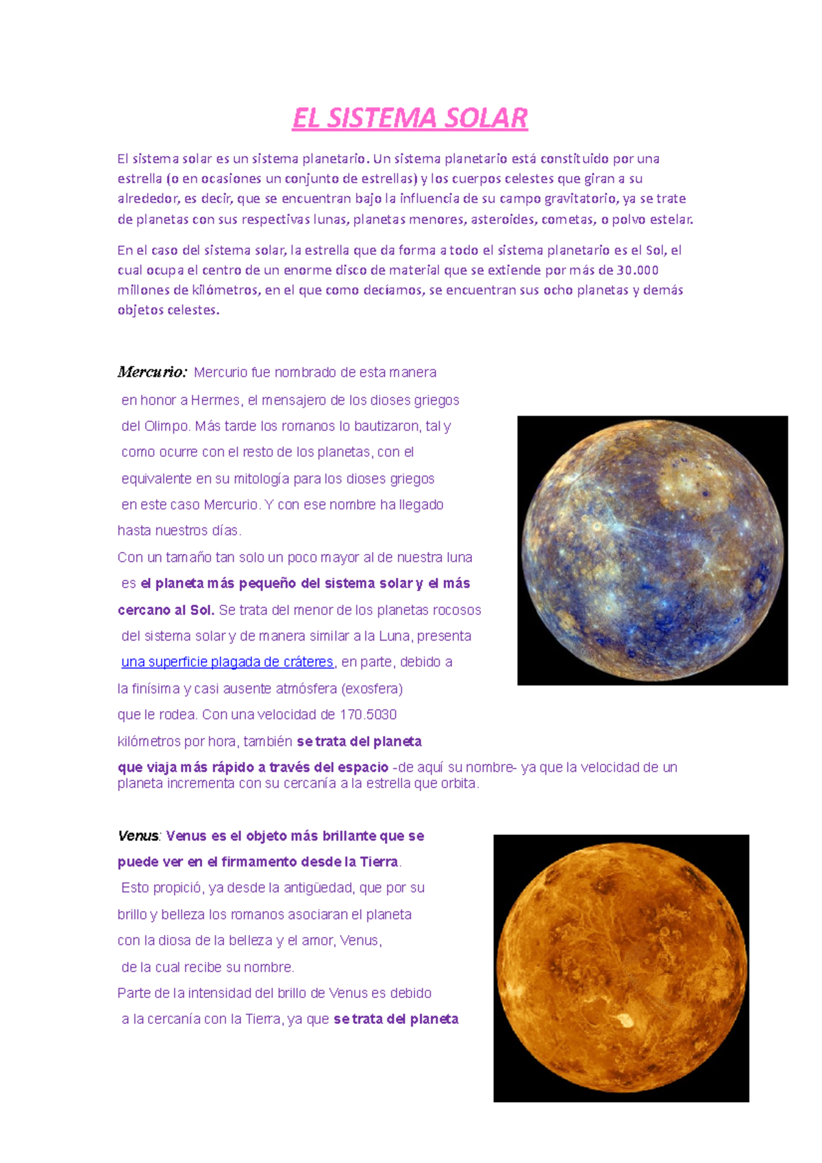 EL Sistema Solar - informe - EL SISTEMA SOLAR El sistema solar es un sistema planetario. Un ...