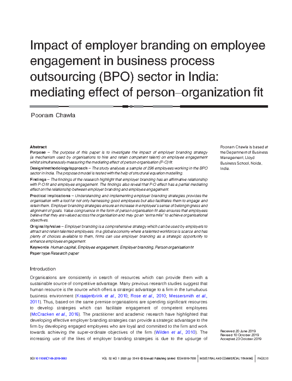 Impact of Employer Branding on Employee Engagement in BPO (IB101) - Studocu