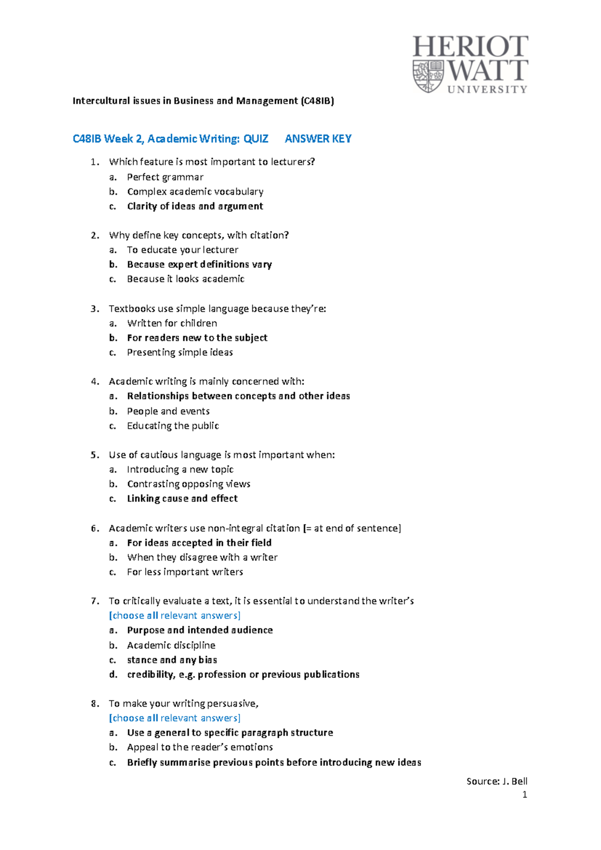 C48IB Quiz 2: Academic Writing Answer Key and Insights - Studocu