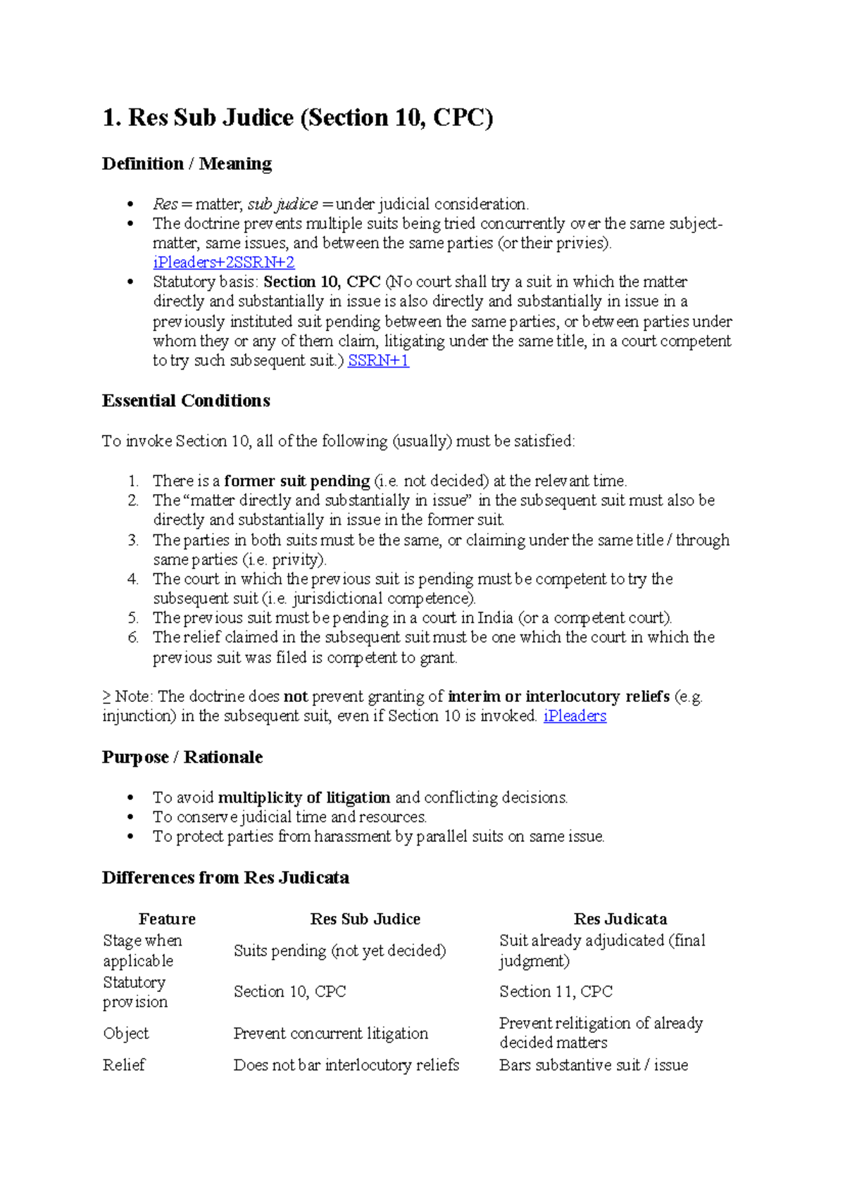 CPC Internals Notes: Understanding Res Sub Judice & Res Judicata - Studocu