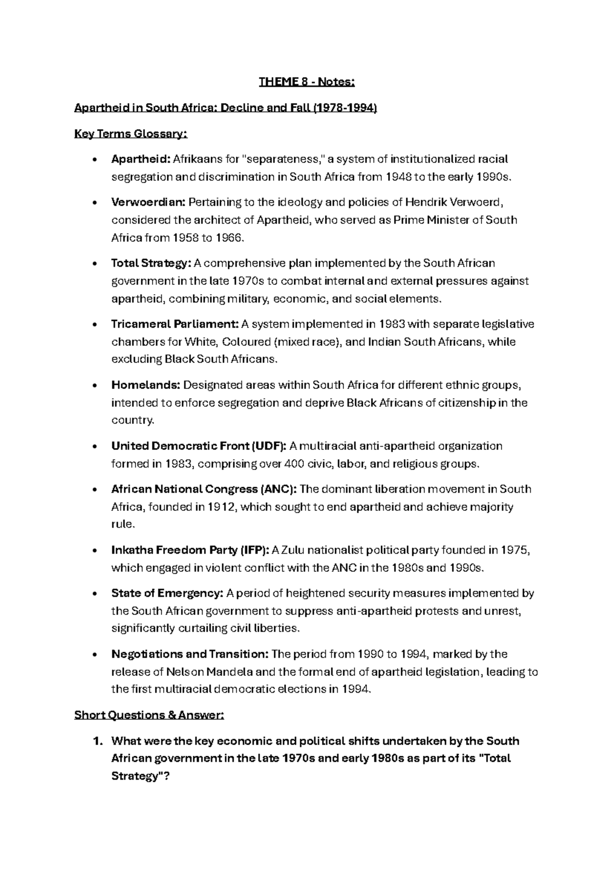Theme 8 - Apartheid in South Africa: Decline and Fall (1978-1994) Notes ...